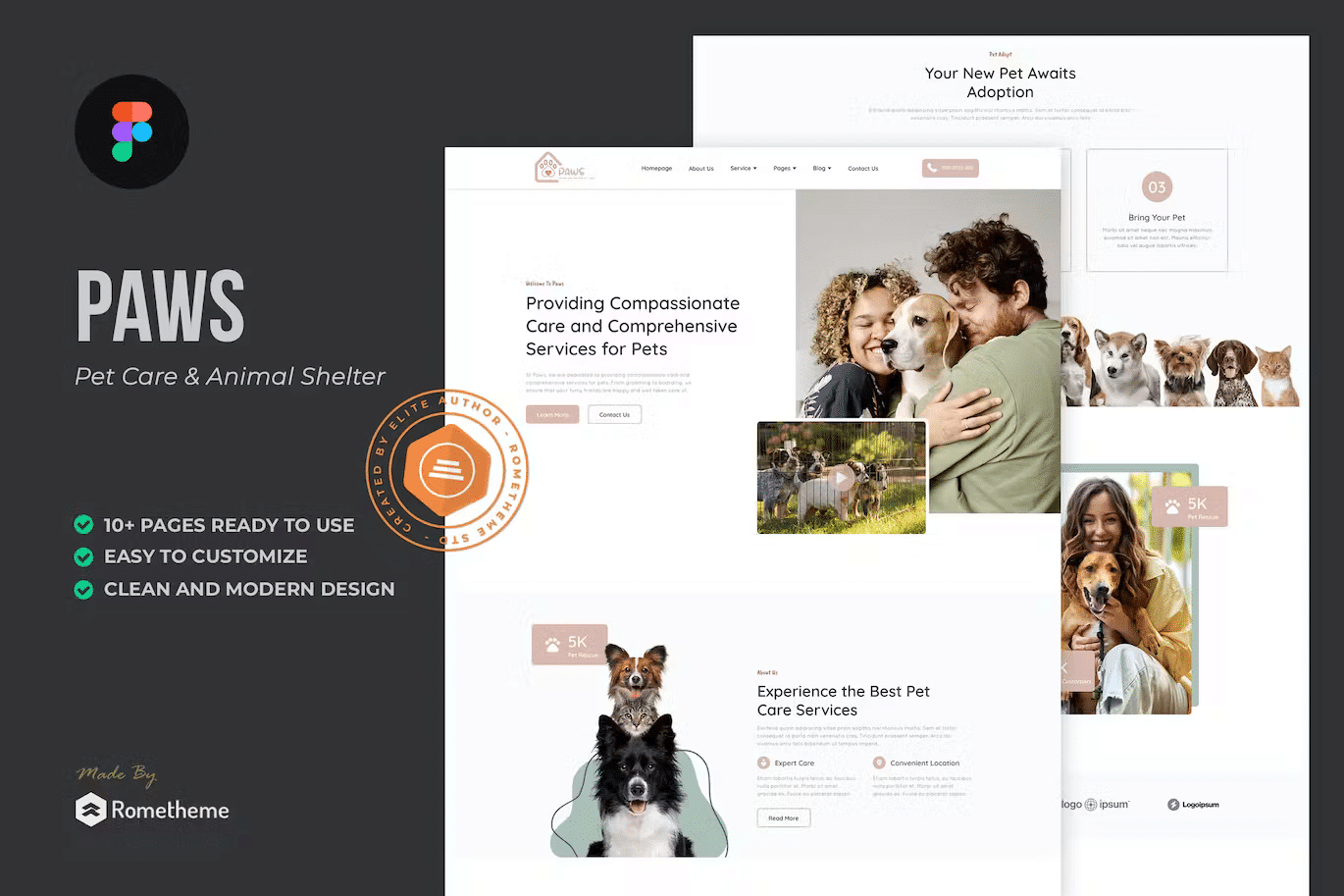 Paws - Pet Care and Animal Shelter Figma Template - Rometheme