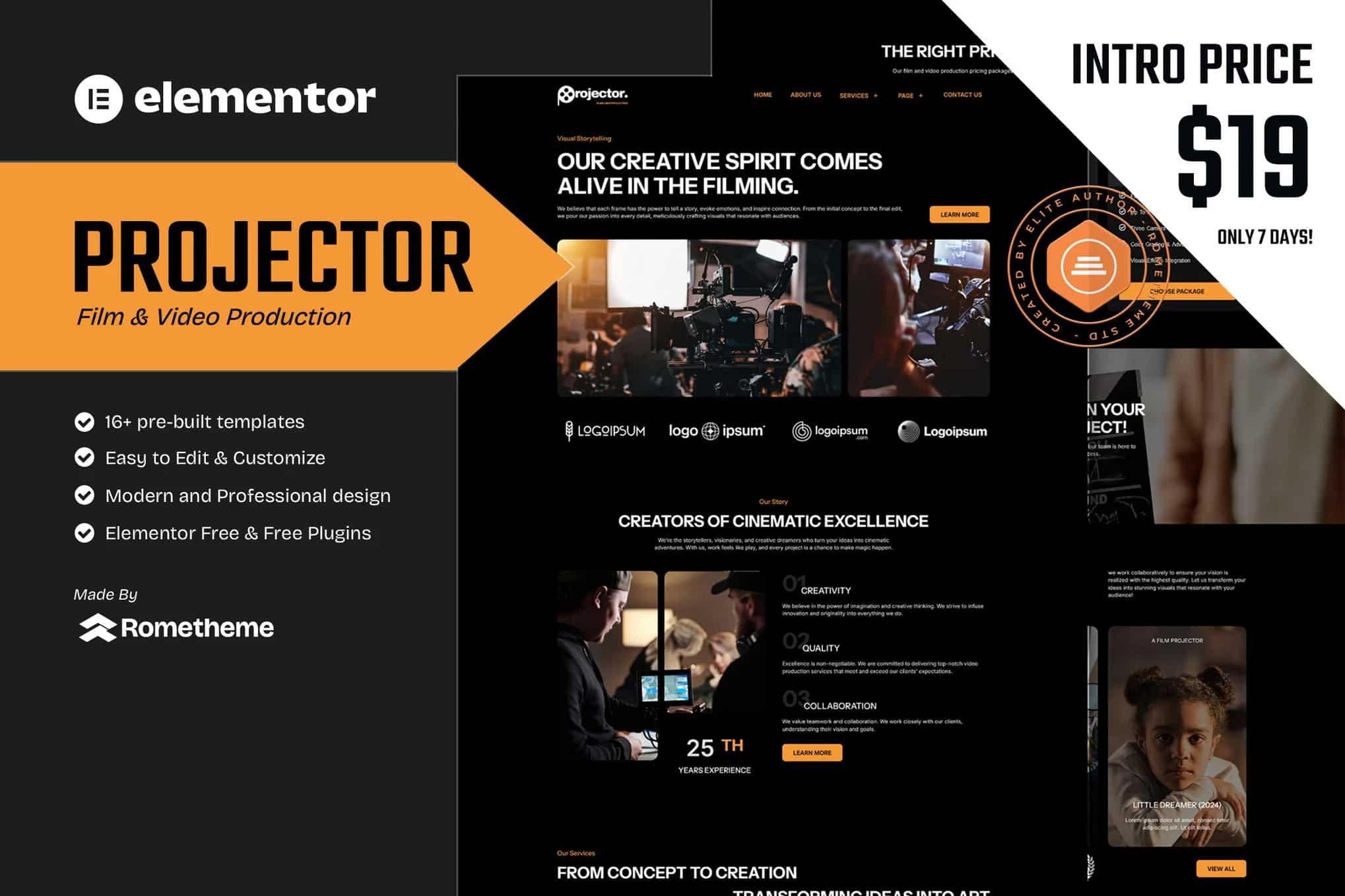 Projector - Film & Video Production Elementor Template Kit - Rometheme
